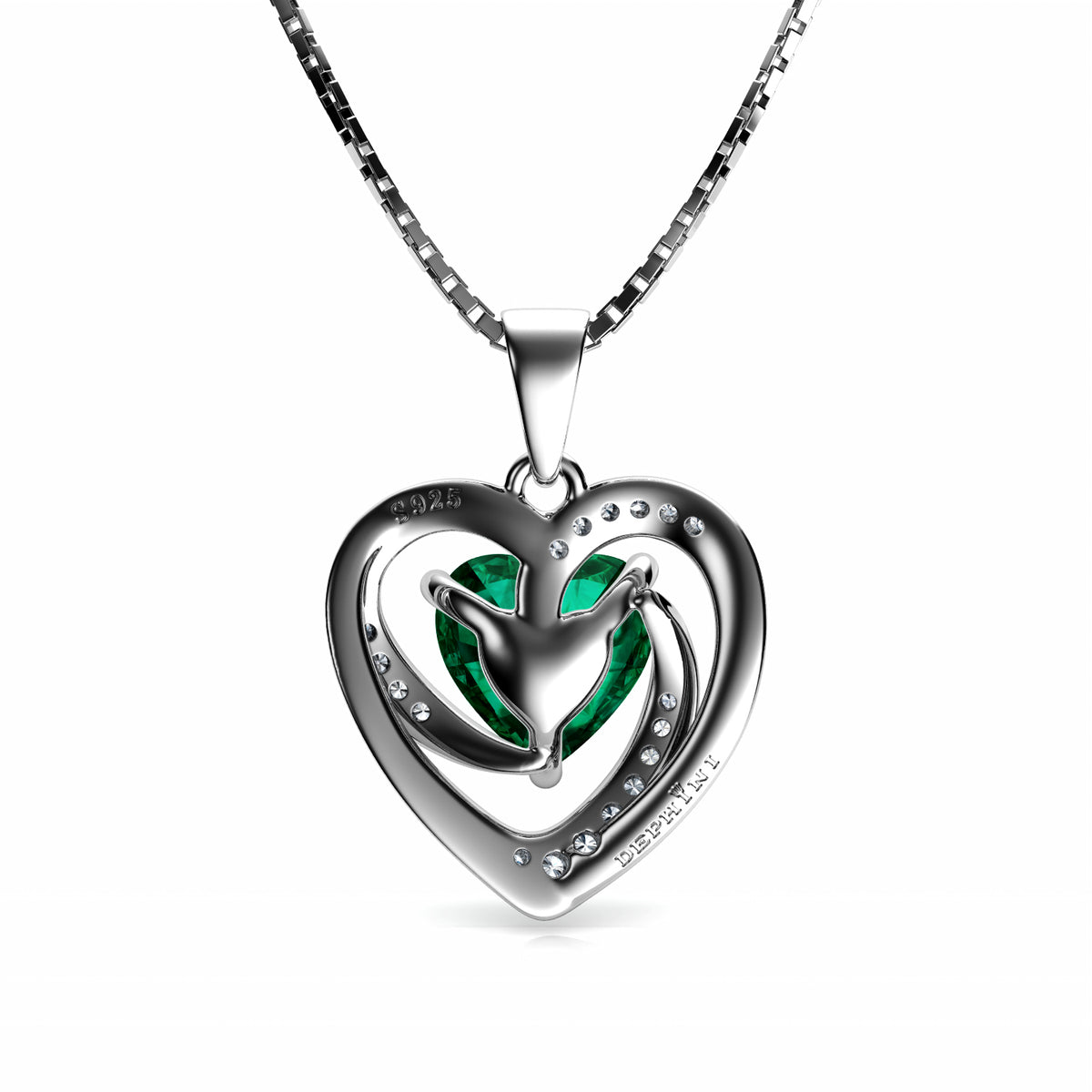 Green Heart Necklace 925 Sterling Silver CZ Crystal DEPHINI