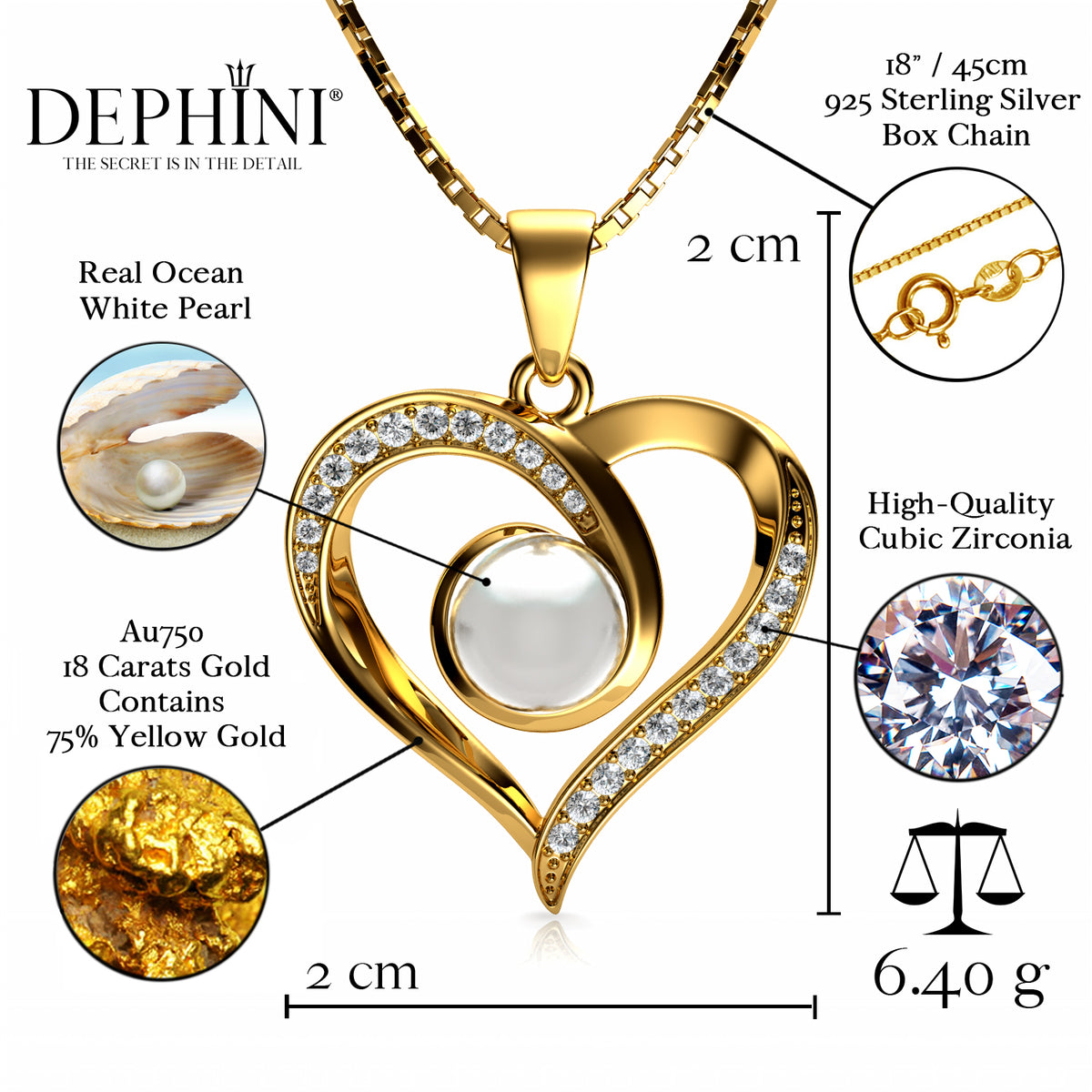 Gold Pearl Necklace 18ct Yellow Gold Heart pendant DEPHINI